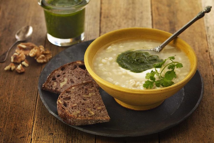 Yogurt Barley Soup with Cilantro-Walnut Pesto - California Walnuts