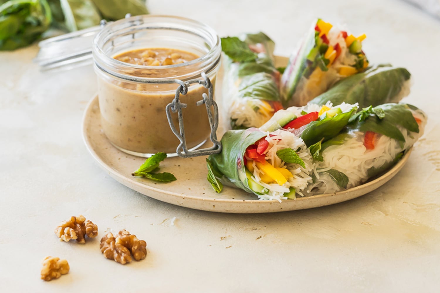 Mango Summer Rolls with Walnut Ginger Dipping Sauce - California Walnuts